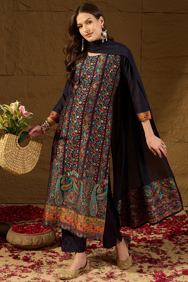 Navy Blue Chanderi Woven Design Straight Trouser Bottom Suit Set PKSKD ...